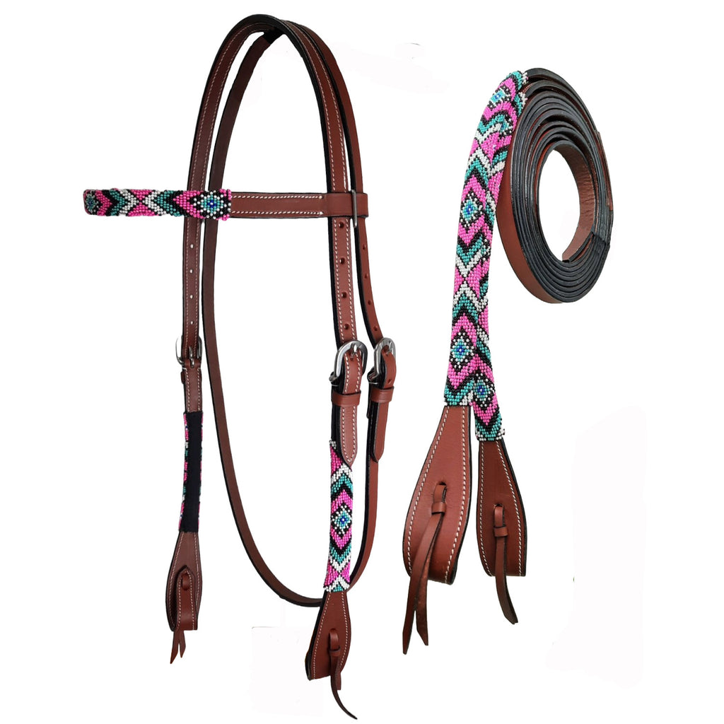 Tahoe Tack Leather Horse Western Headstall - Pink Navajo Beaded Browba ...